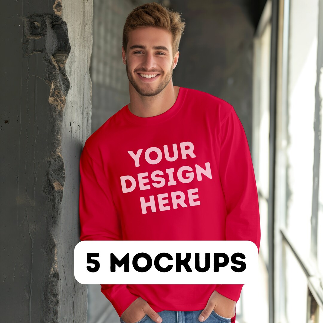 Gildan 2400 Mockup Bundle, Gildan 2400 Red, Long Sleeve Mockup, 2400 ...