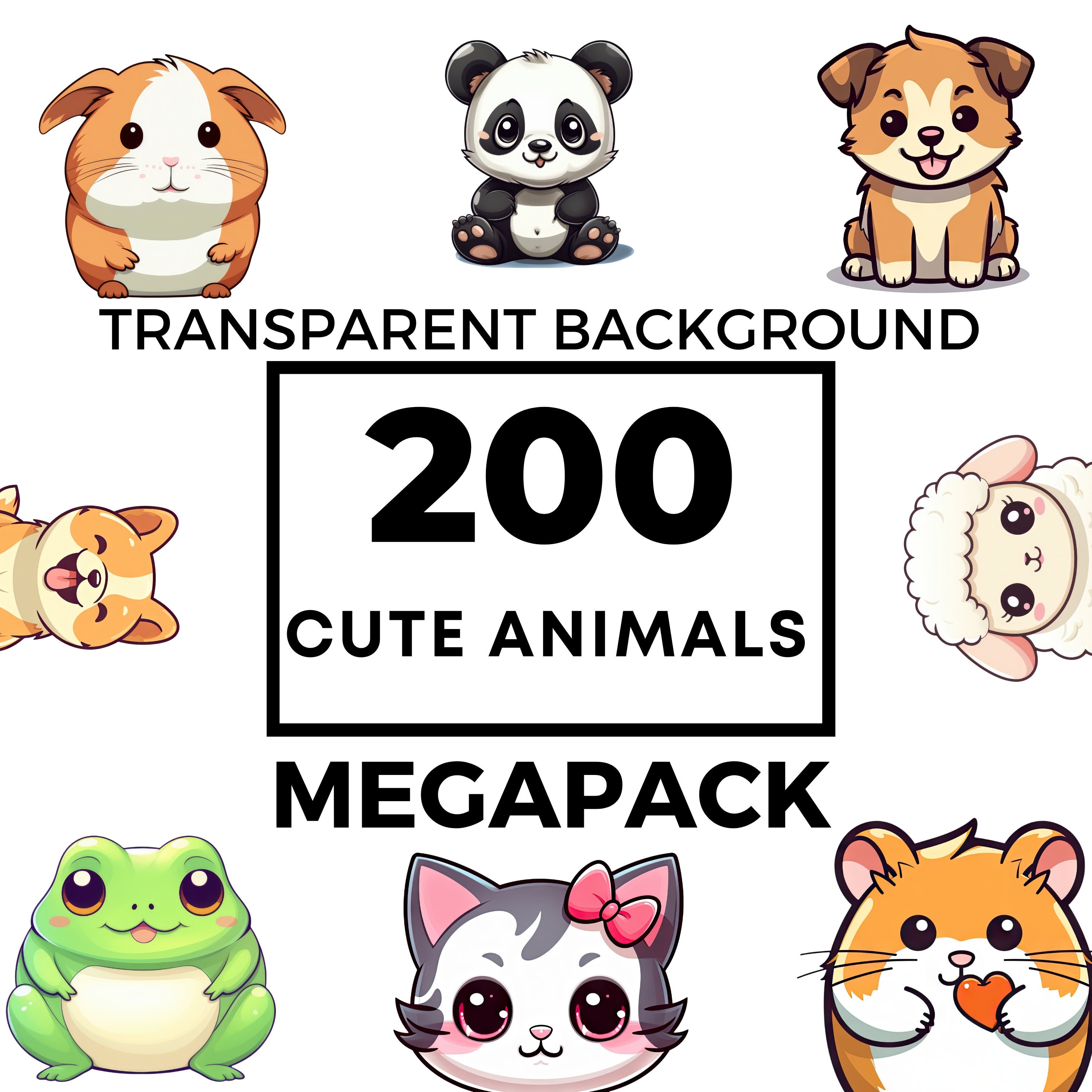 Cute Animals Clipart PNG Bundle Kawaii Animals Animal - Etsy