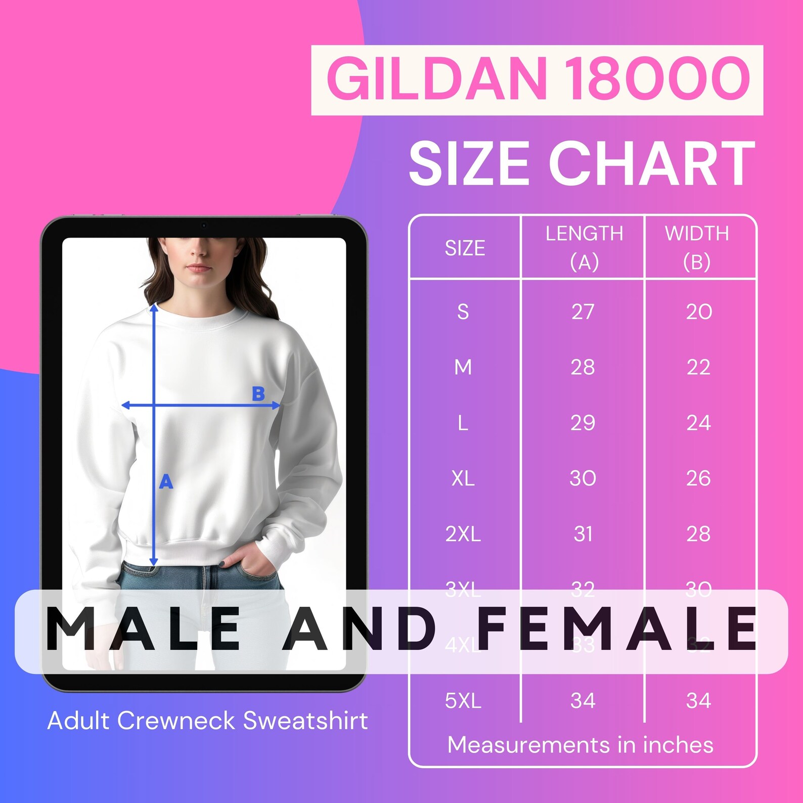 Gildan 18000 Size Chart, G18000 Size Chart Mockup, Sweater Size Chart ...