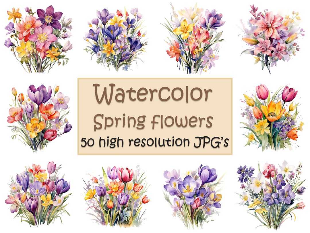 Watercolor Flowers, Spring Flower Clipart, 50 High Quality Jpgs, Spring ...