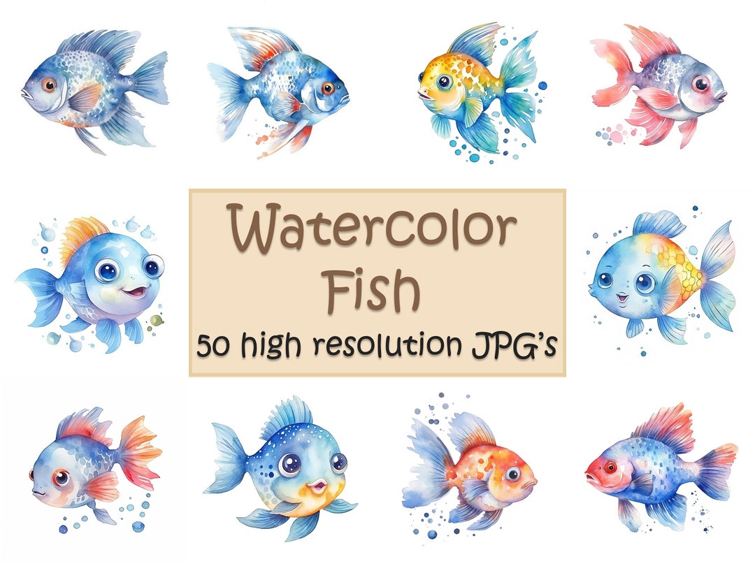 Watercolor Fish Clipart, 50 High Resolution Jpg's, Fish Clip Art Cute ...