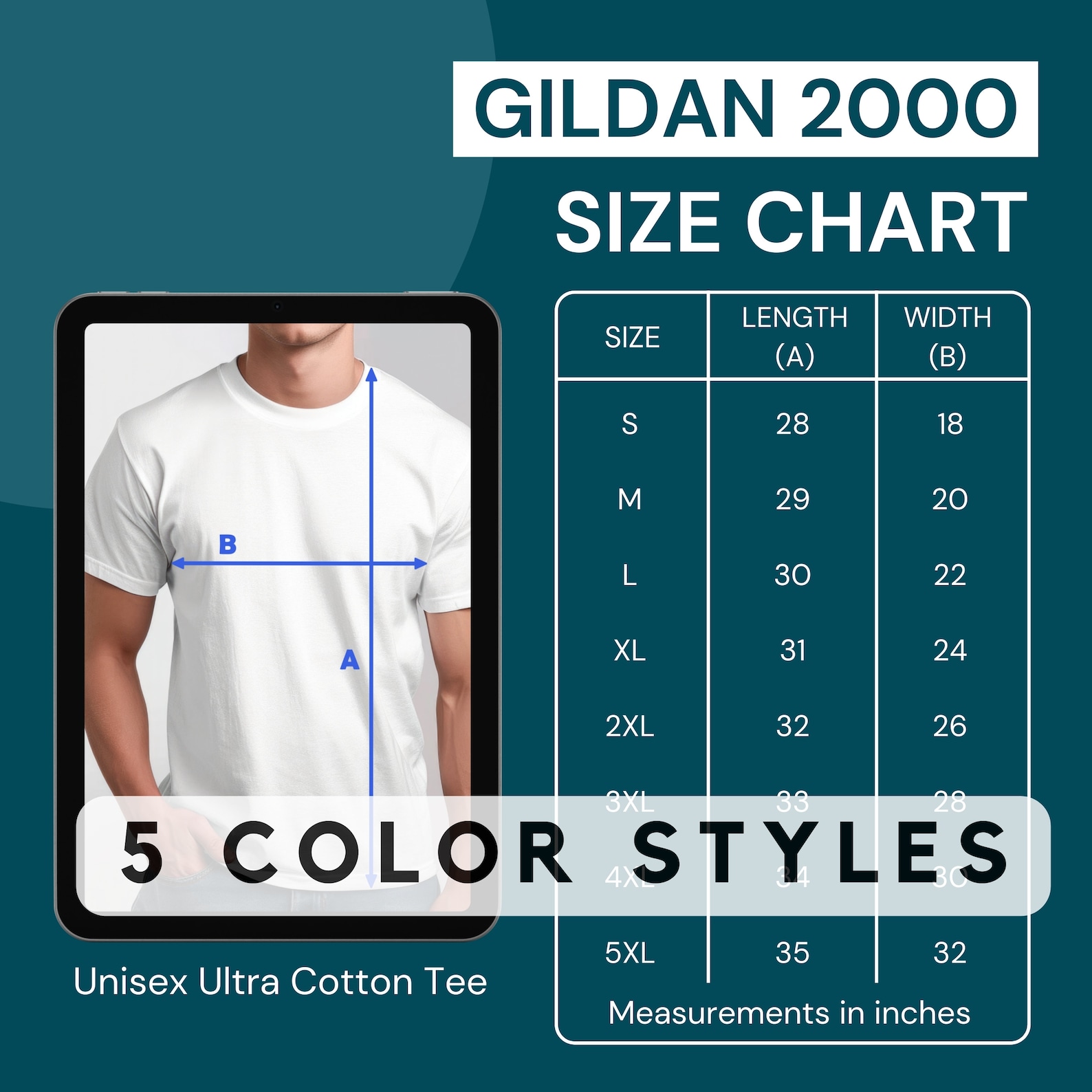 Gildan 2000 Size Chart, G2000 Size Chart, T-shirts Size Chart, Unisex ...
