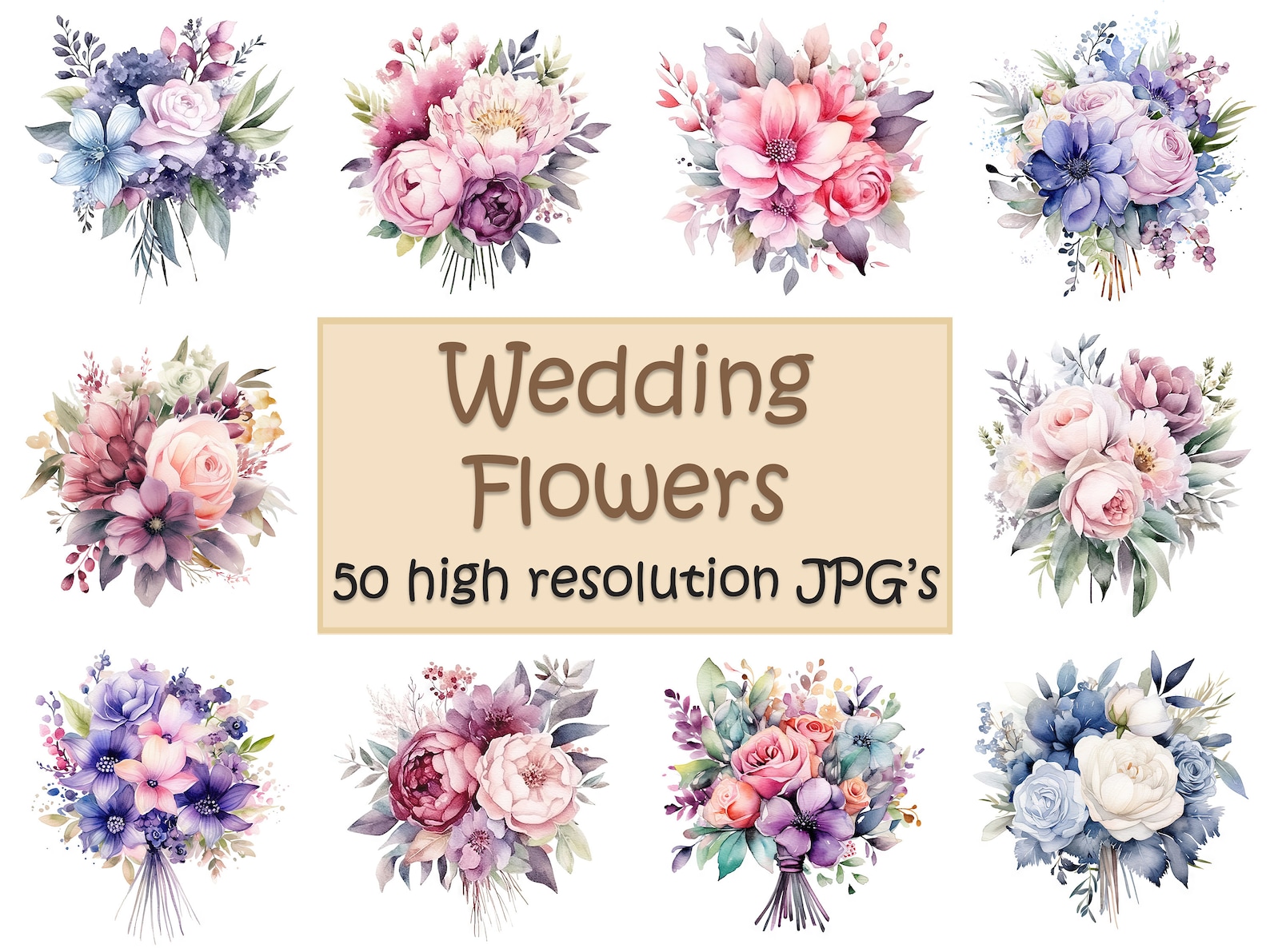 Wedding Flowers Clipart, 50 High Quality Jpgs, Flower Bouquet, Wedding ...
