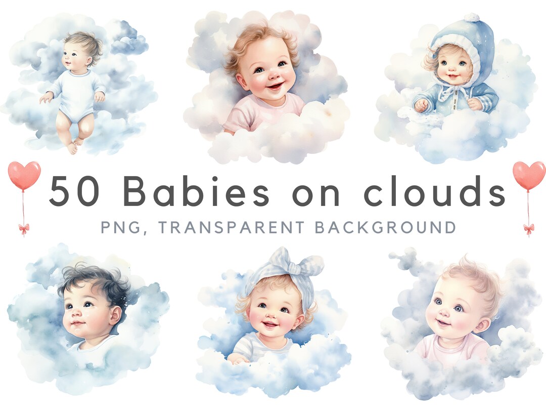 Babies on Clouds Clipart, Babyboy, Babygirl, Baby Watercolor Clipart, Baby Shower Decoration ...