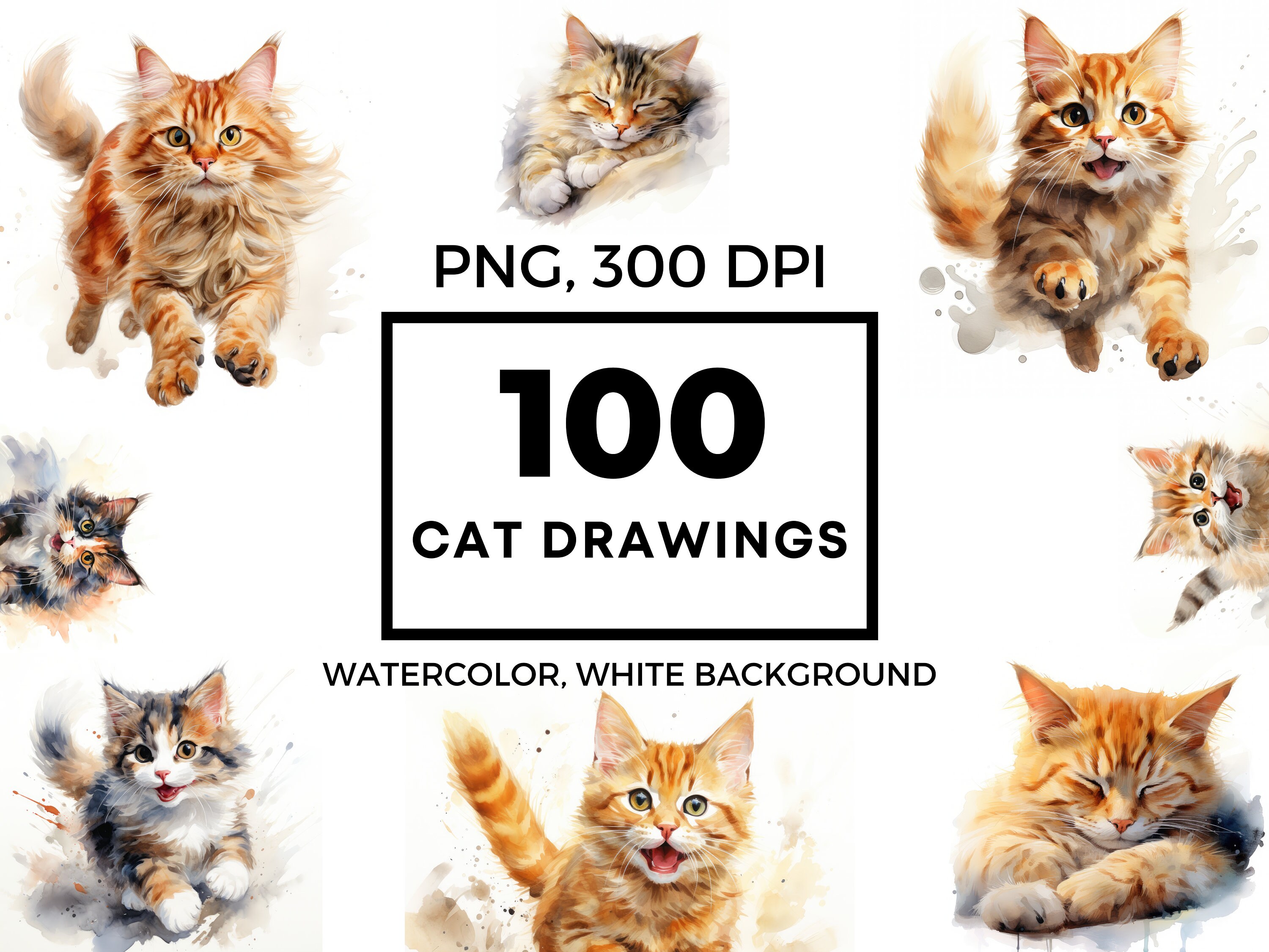 Watercolor Cat Drawings Cute Cats 100 PNG Images Cat - Etsy