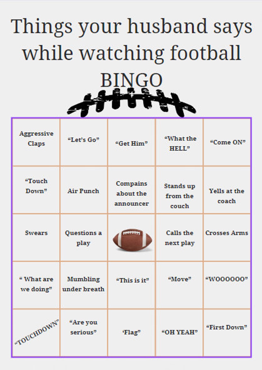 Multi-player Edition! Football Bingo Things Your Husband Says Edition ...