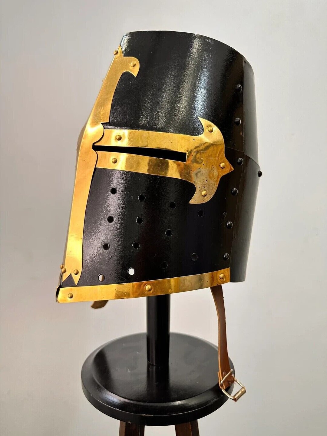 Medieval Black Crusader Helmet Templar Steel, Brass & Leather Helmet ...