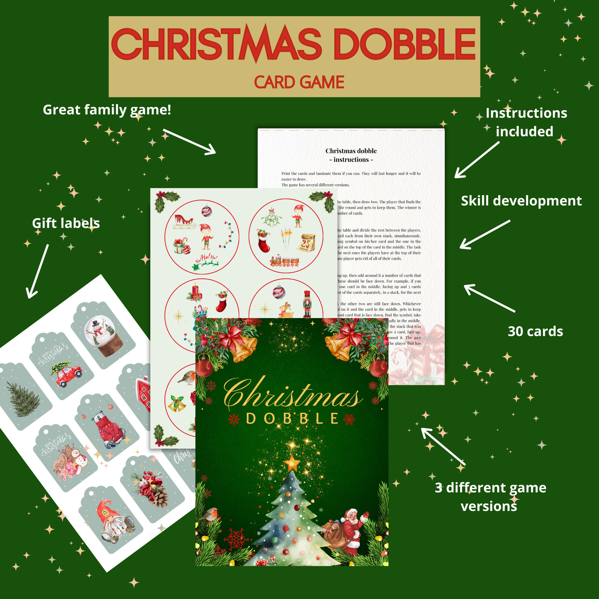 Christmas Edition Dobble Printable Game 30 Cards, 3 Holly Jolly ...