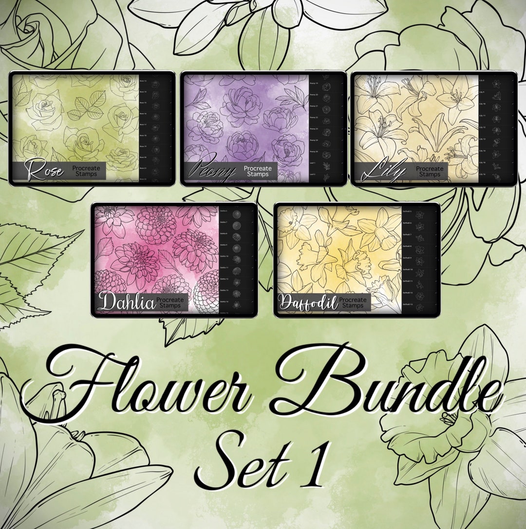 Flower Bundle Procreate Stamp Set 1 - Rose, Peony, Lily, Dahlia and ...