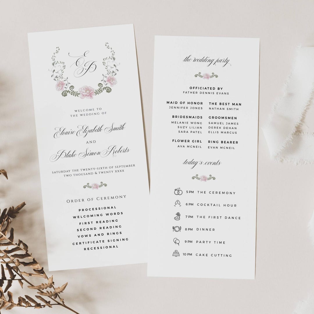 Traditional Wedding Program Template, Pink Garden Printable Icons ...