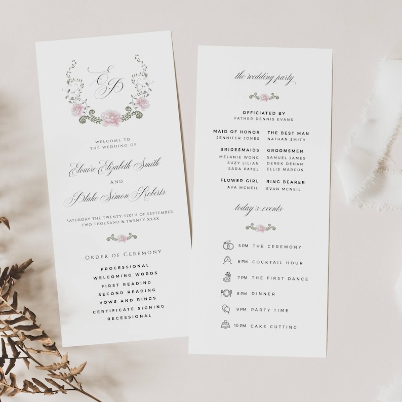 Traditional Wedding Program Template, Pink Garden Printable Icons ...