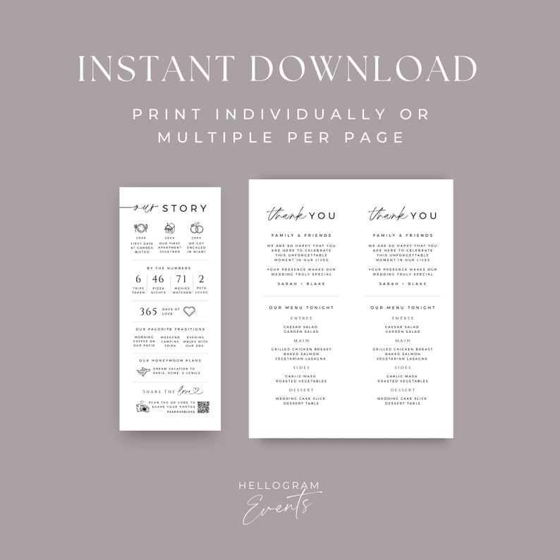 Wedding Fun Facts Card, Menu and Thank You Place Setting, Infographic Timeline Story, Share the ...