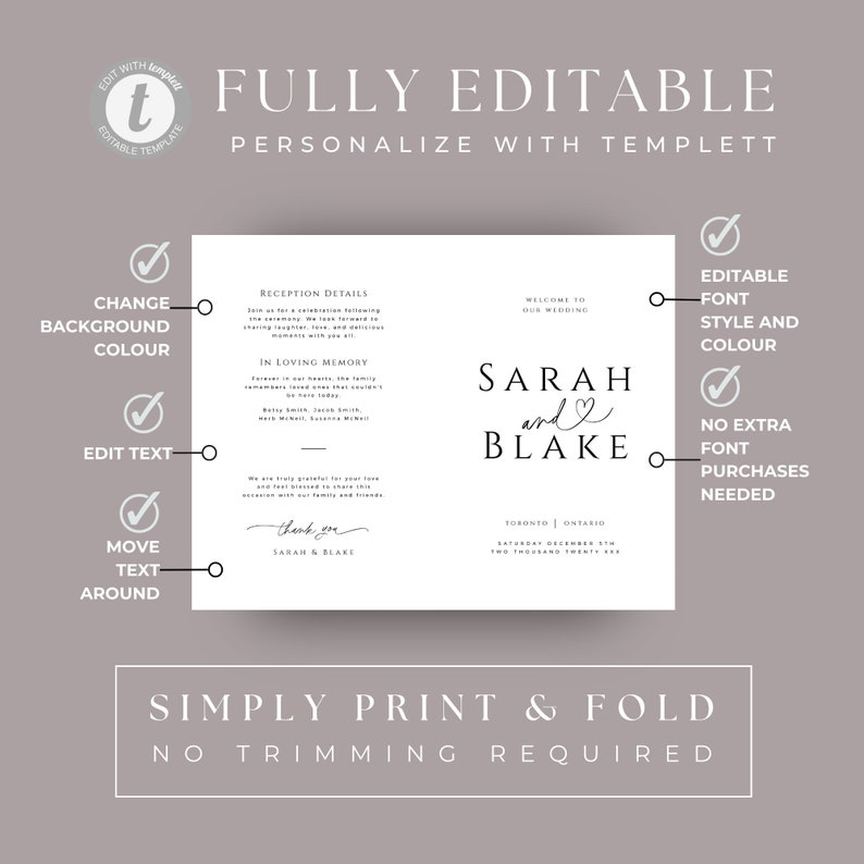 Bifold Wedding Program, Printable Elegant Folded Church Booklet ...