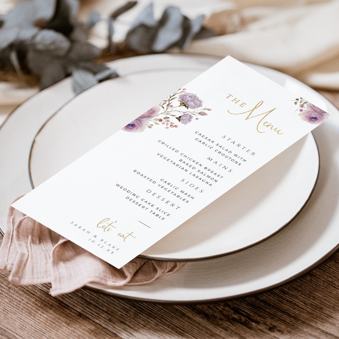 Lilac Wedding Menu, Purple and Gold Template, Printable Lavender Menu ...