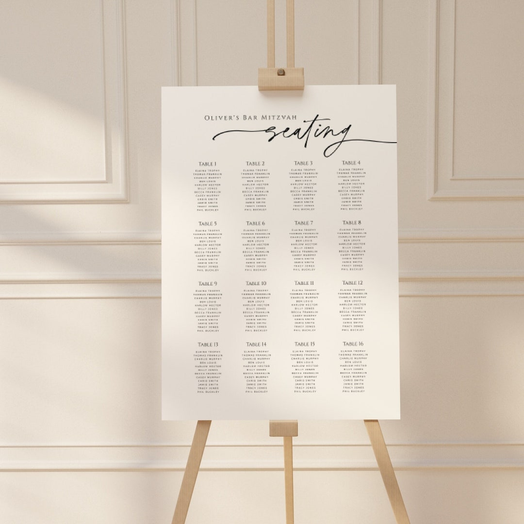 Bar Mitzvah Seating Chart, Table Numbers Seat Board Plan, Printable ...