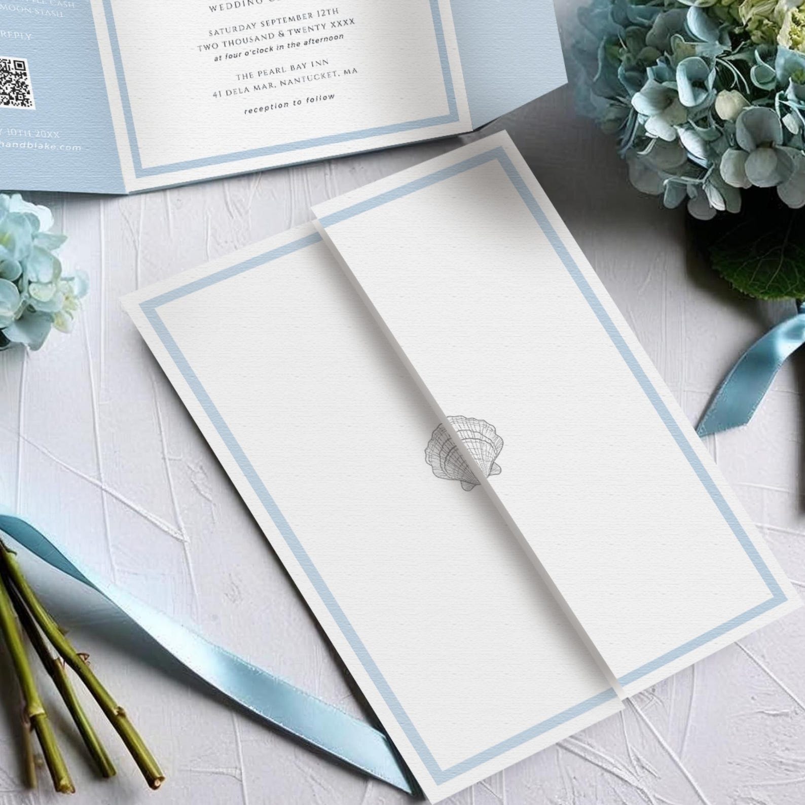 Tropical Invitation Gatefold, Dusty Blue Wedding Invite, Coastal ...