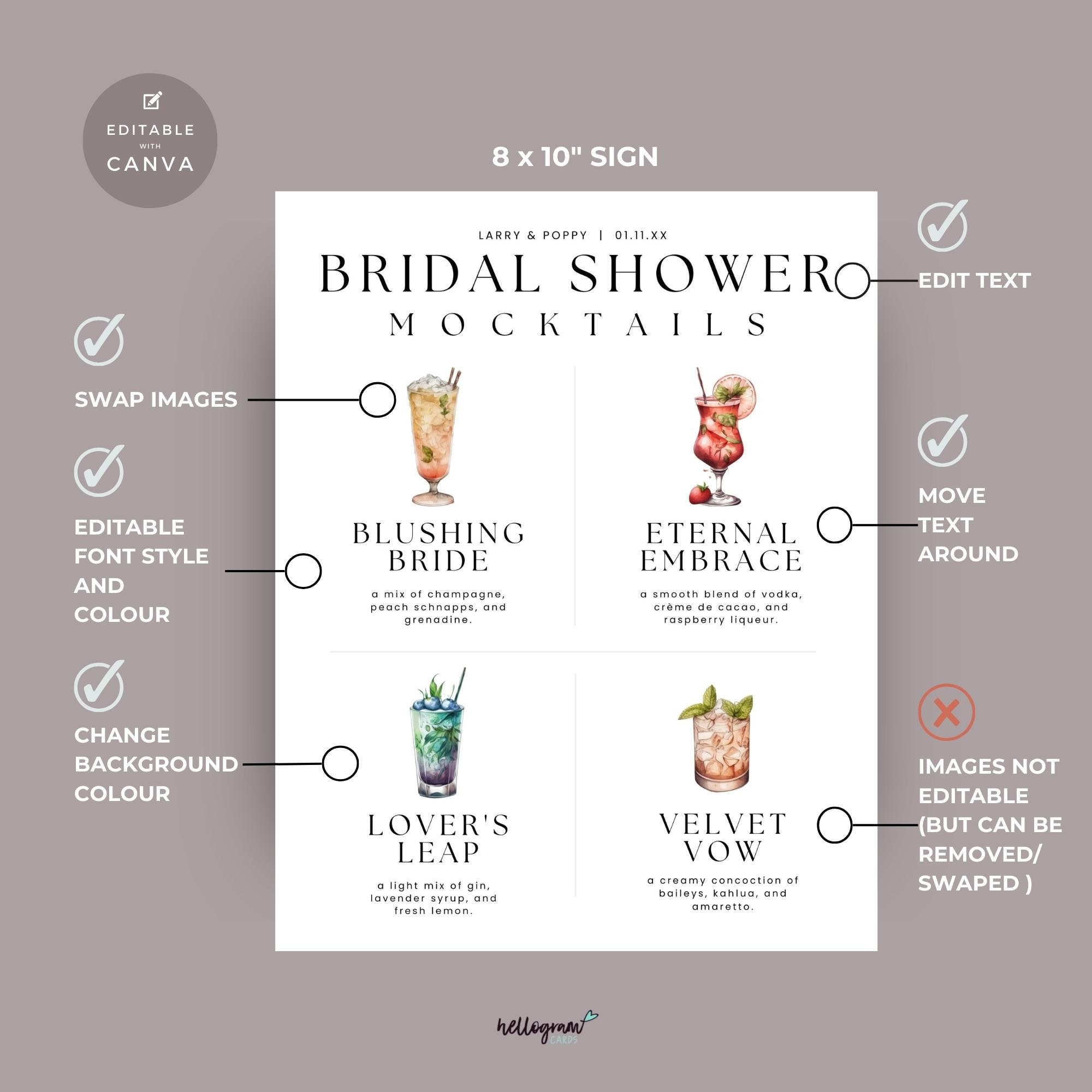 Bridal Shower Mocktail, Minimalist Printable Bar Menu, Signature Four ...