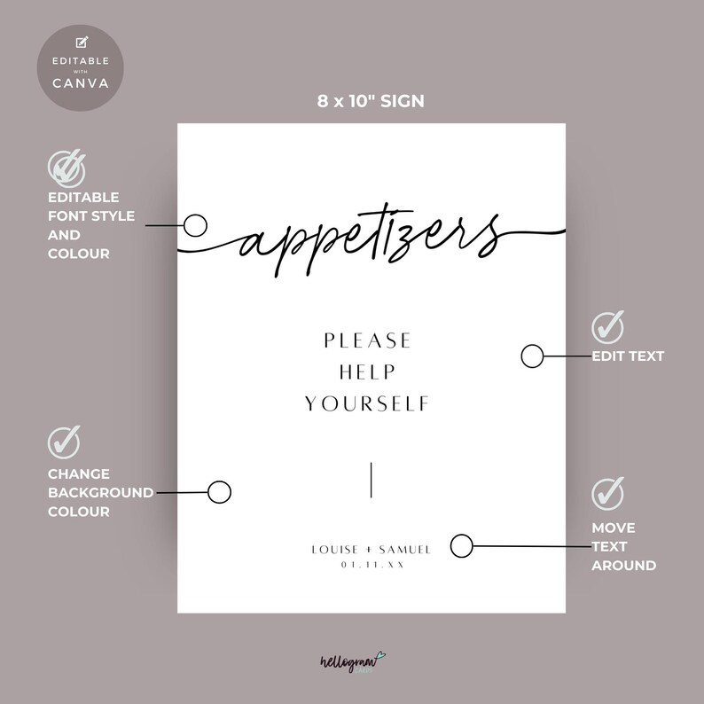 Wedding Sign Appetizers, Printable Modern Food Table Sign, Editable ...