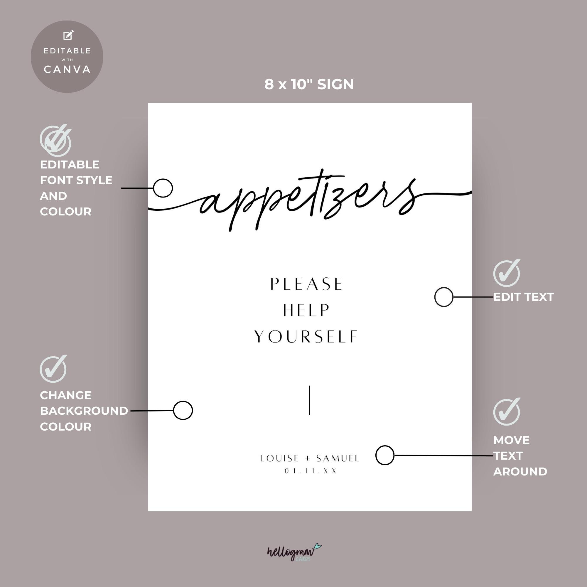 Wedding Sign Appetizers, Printable Modern Food Table Sign, Editable ...