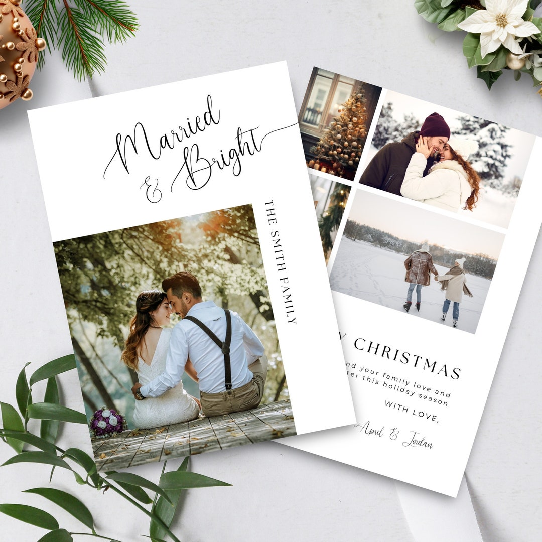 Married and Bright Christmas Card, Modern Script Newlywed Christmas ...