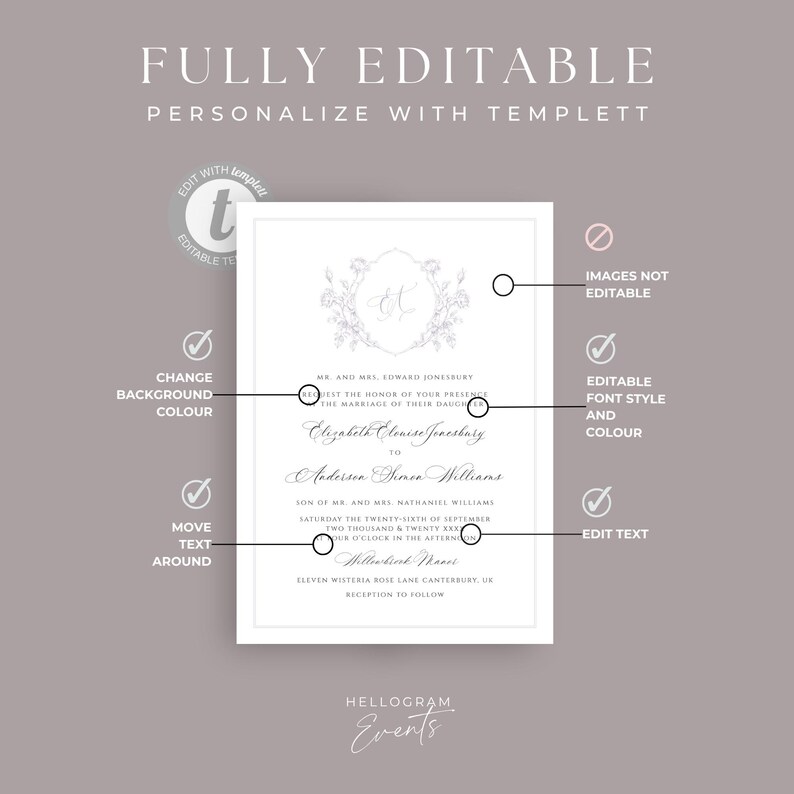 Lavender Wedding Invitation Kit, Vintage Style Invite Template, Purple Lavender Toile ...