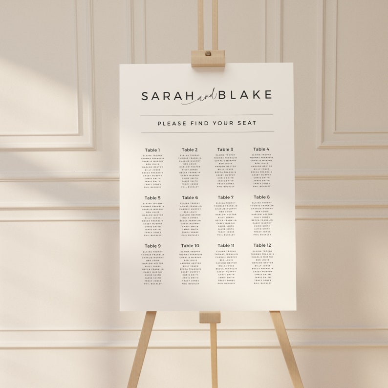 Wedding Seating Chart for 12 Tables, Editable Minimal Table Number Seat ...