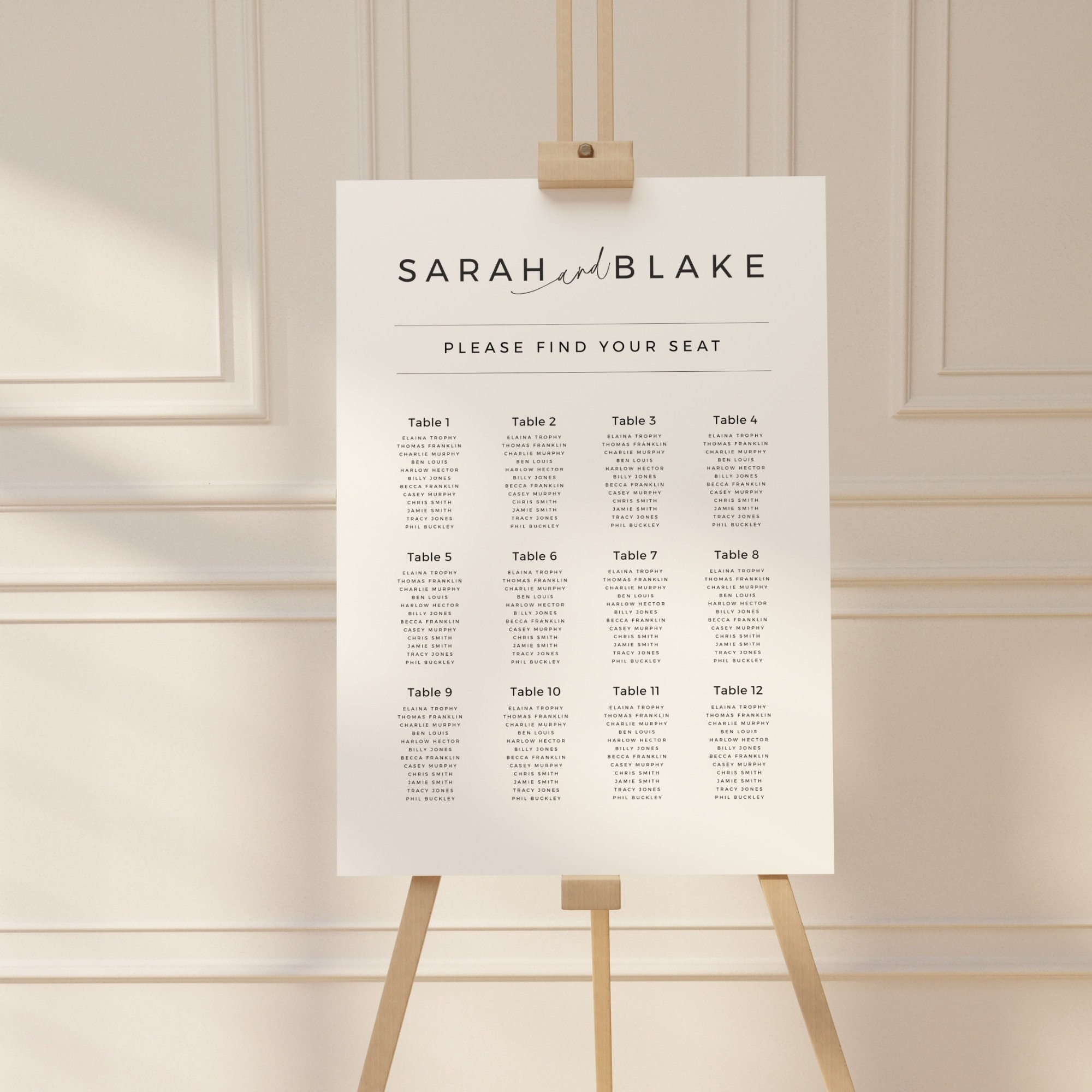 Wedding Seating Chart for 12 Tables, Editable Minimal Table Number Seat ...