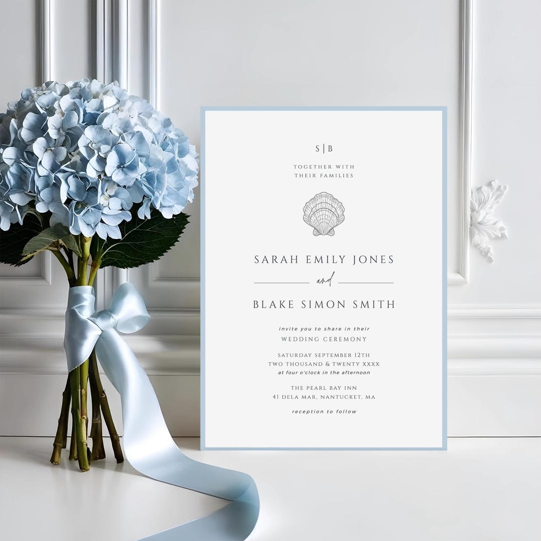 Dusty Blue Wedding Invitation, Coastal Beach Invite, Nautical Line Art ...
