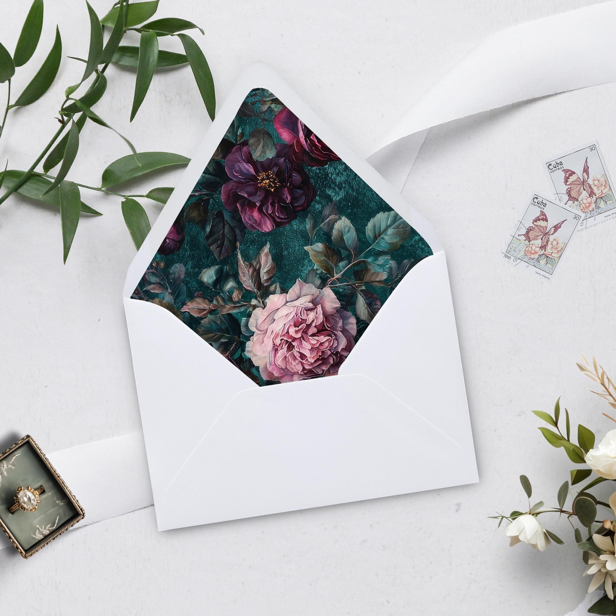 Moody Floral Envelope Liner, Printable Green Wedding, Pink and Teal ...
