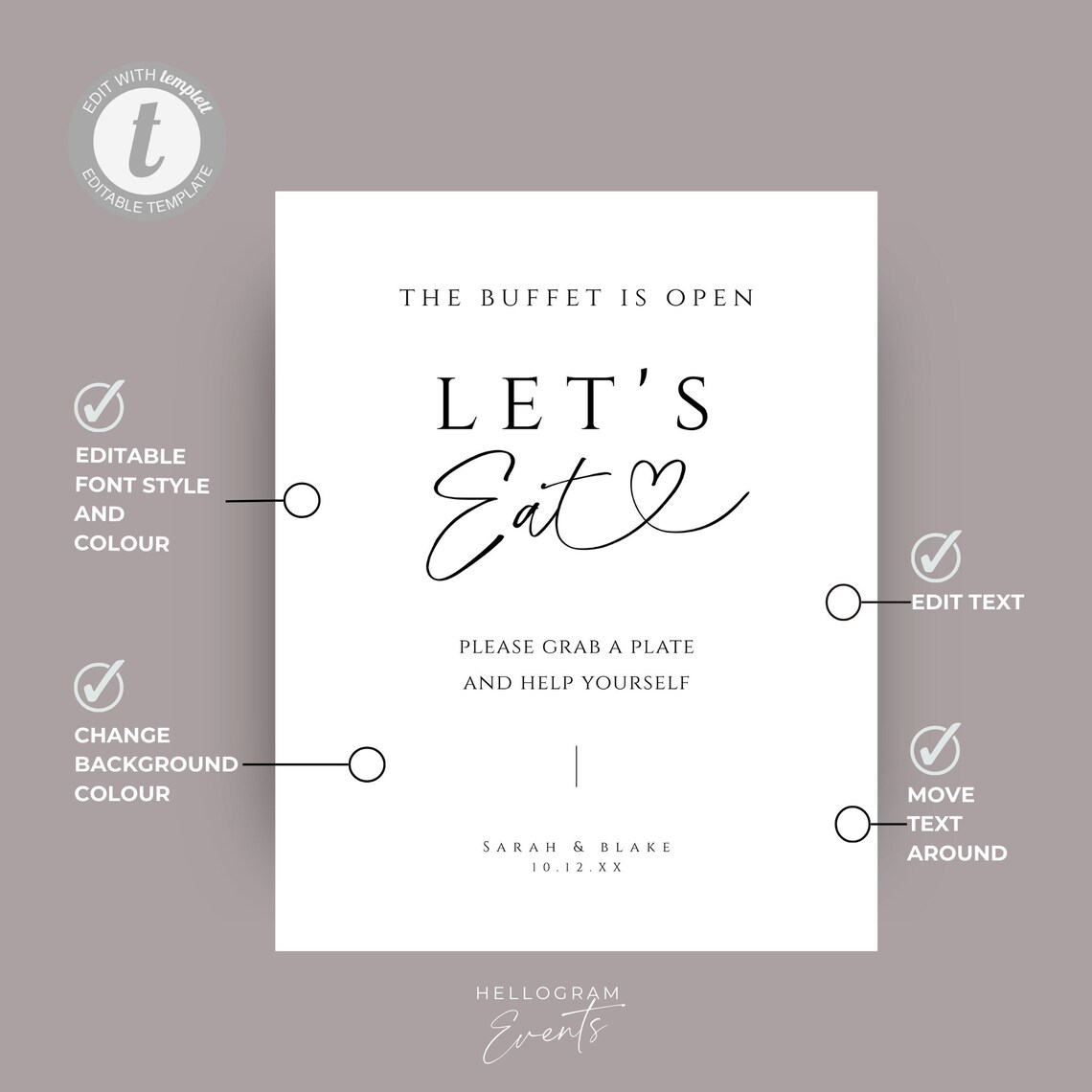 Buffet Sign Template, Minimalist Wedding Food Template, Printable ...