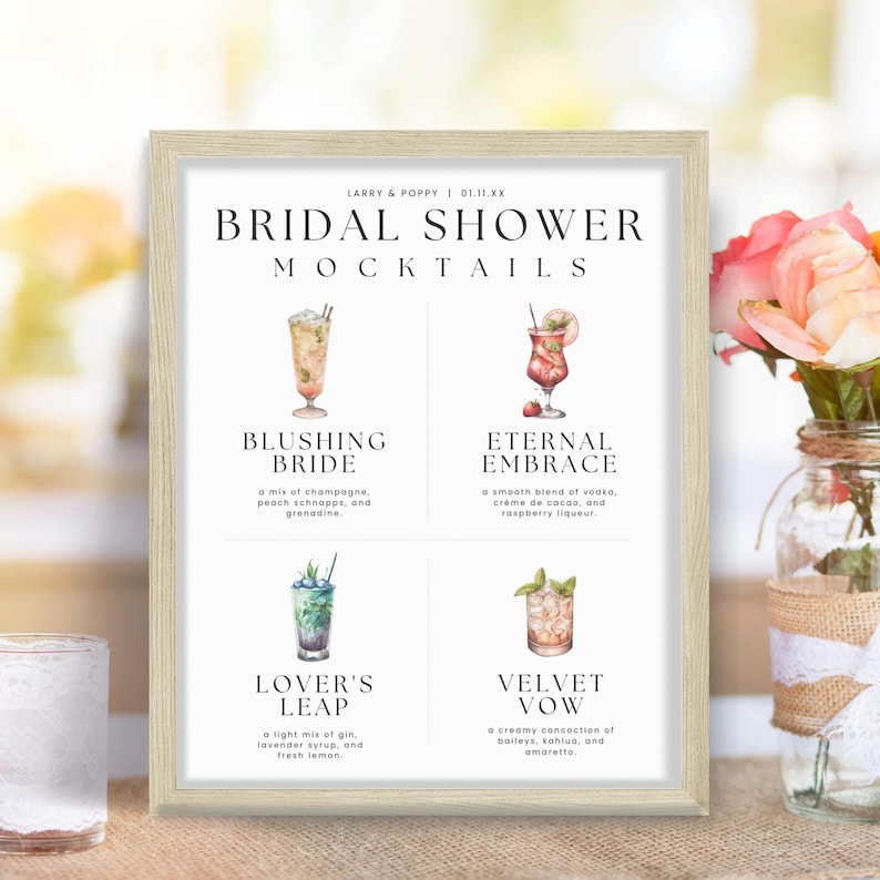 Bridal Shower Mocktail, Minimalist Printable Bar Menu, Signature Four ...