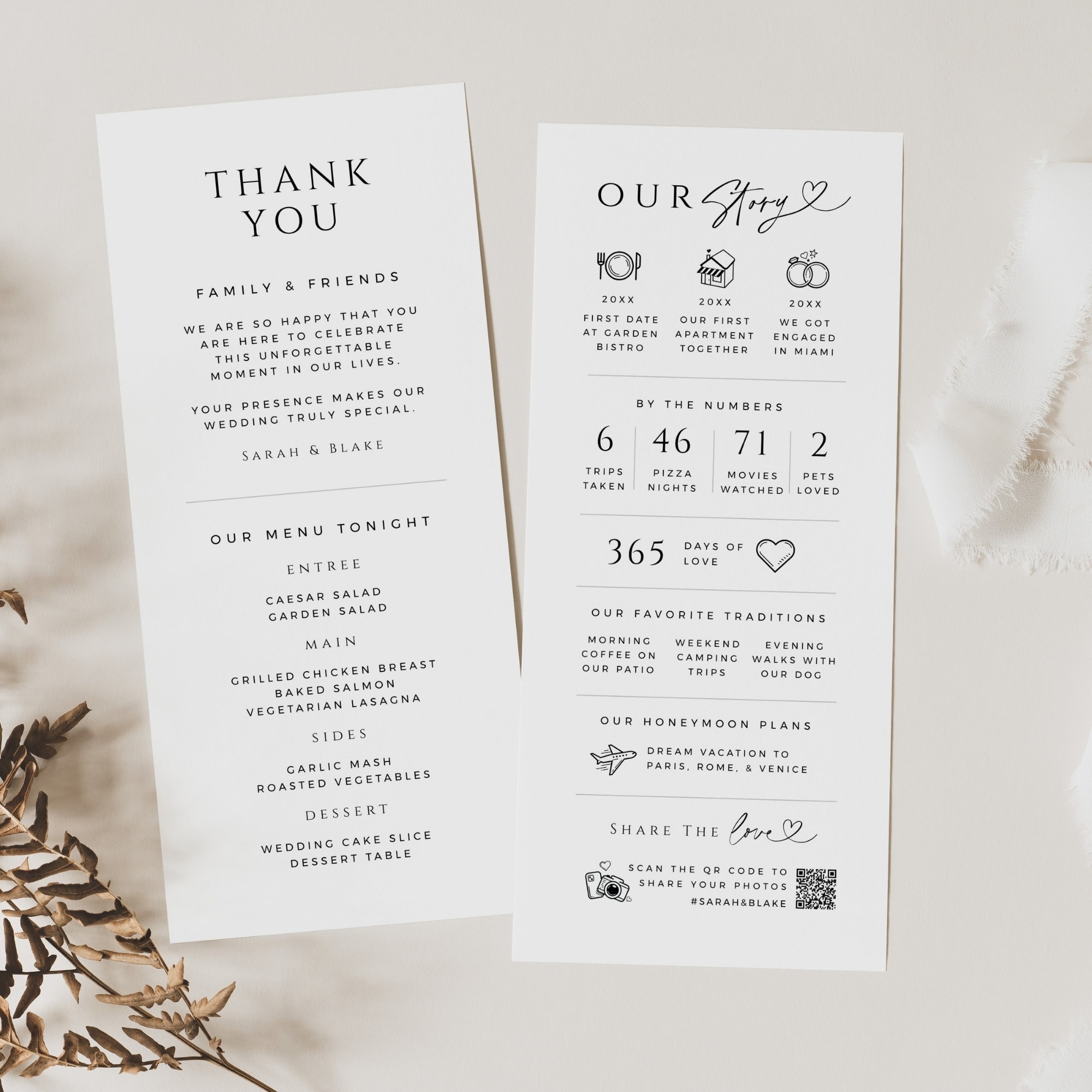 Wedding Fun Facts Card, Menu and Thank You Place Setting, Infographic ...