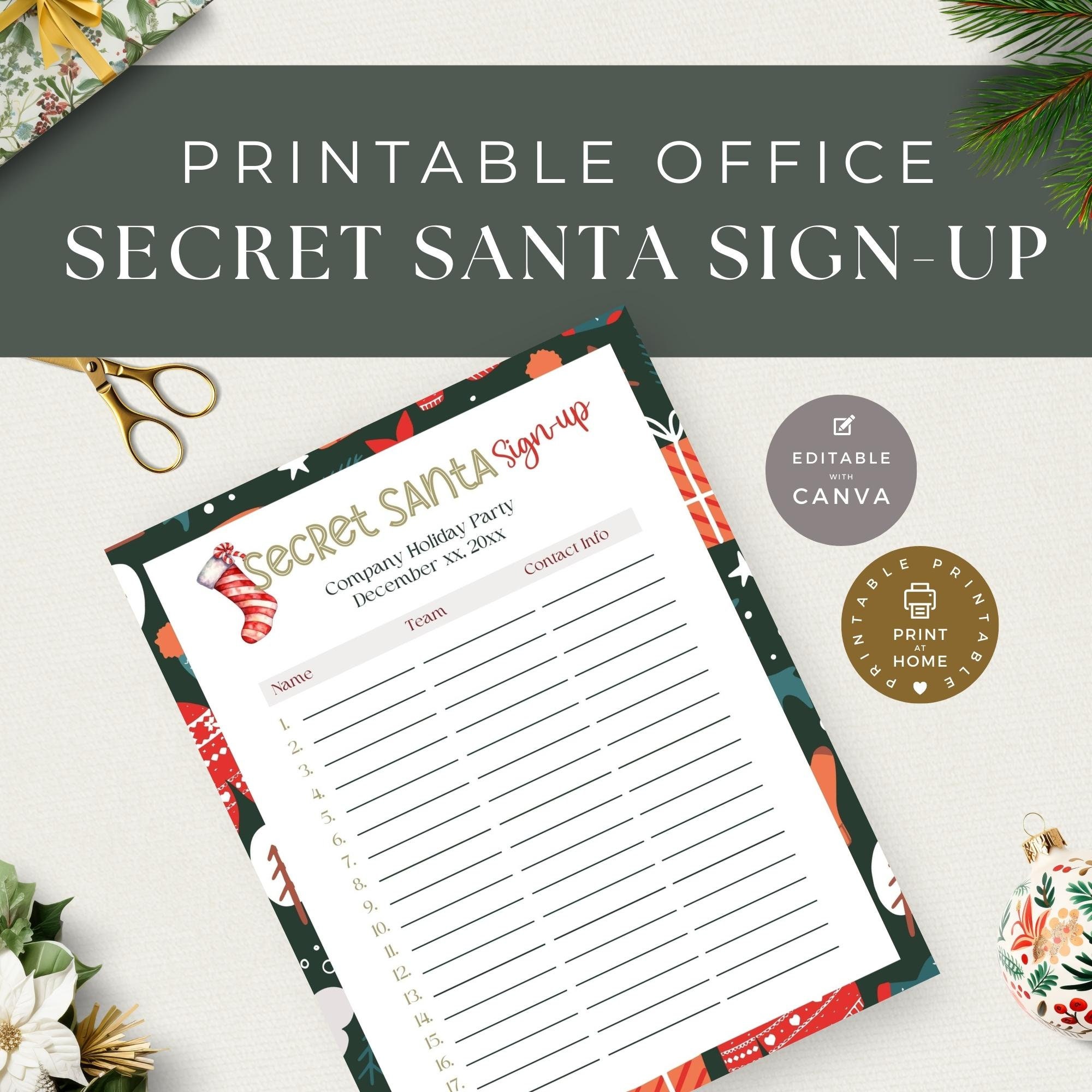 Secret Santa Sign Up, Editable Work Gift Exchange Sheet, Printable ...