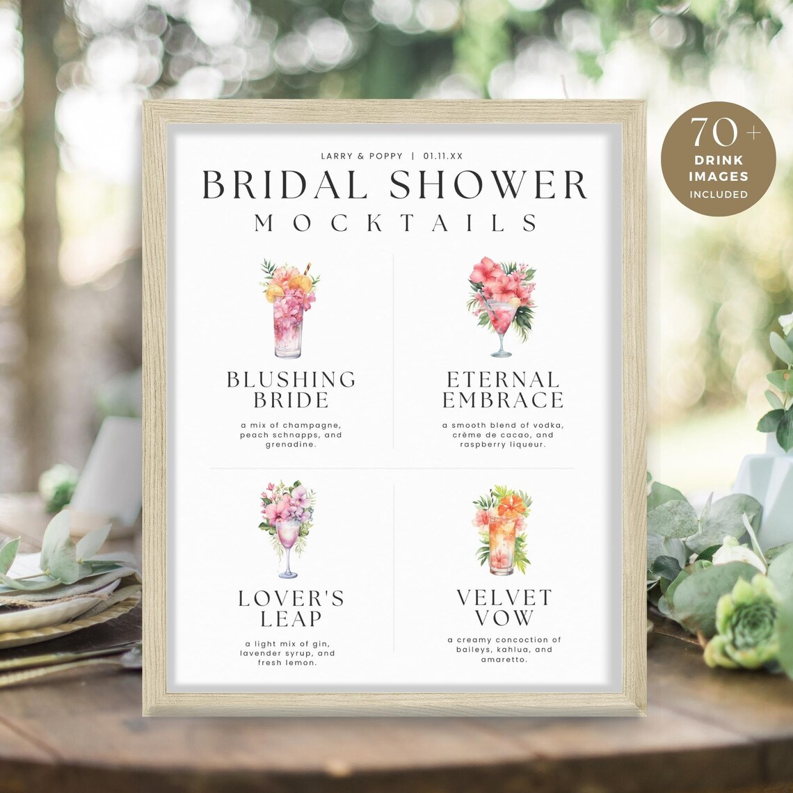 Bridal Shower Mocktail, Minimal Printable Bar Menu, Floral Signature ...