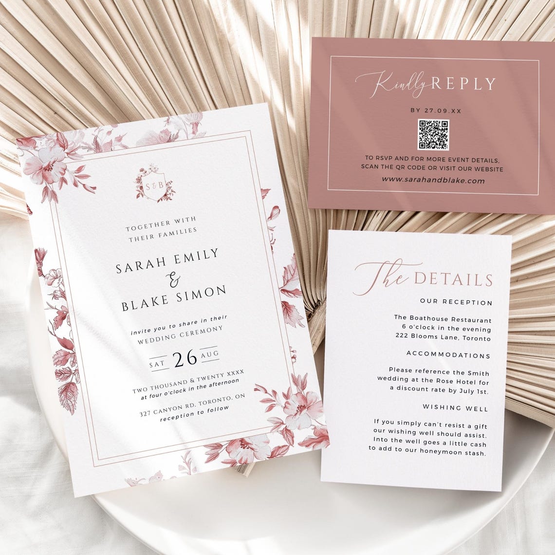Dusty Rose Wedding Invitation With Qr Code, French Toile Invite ...