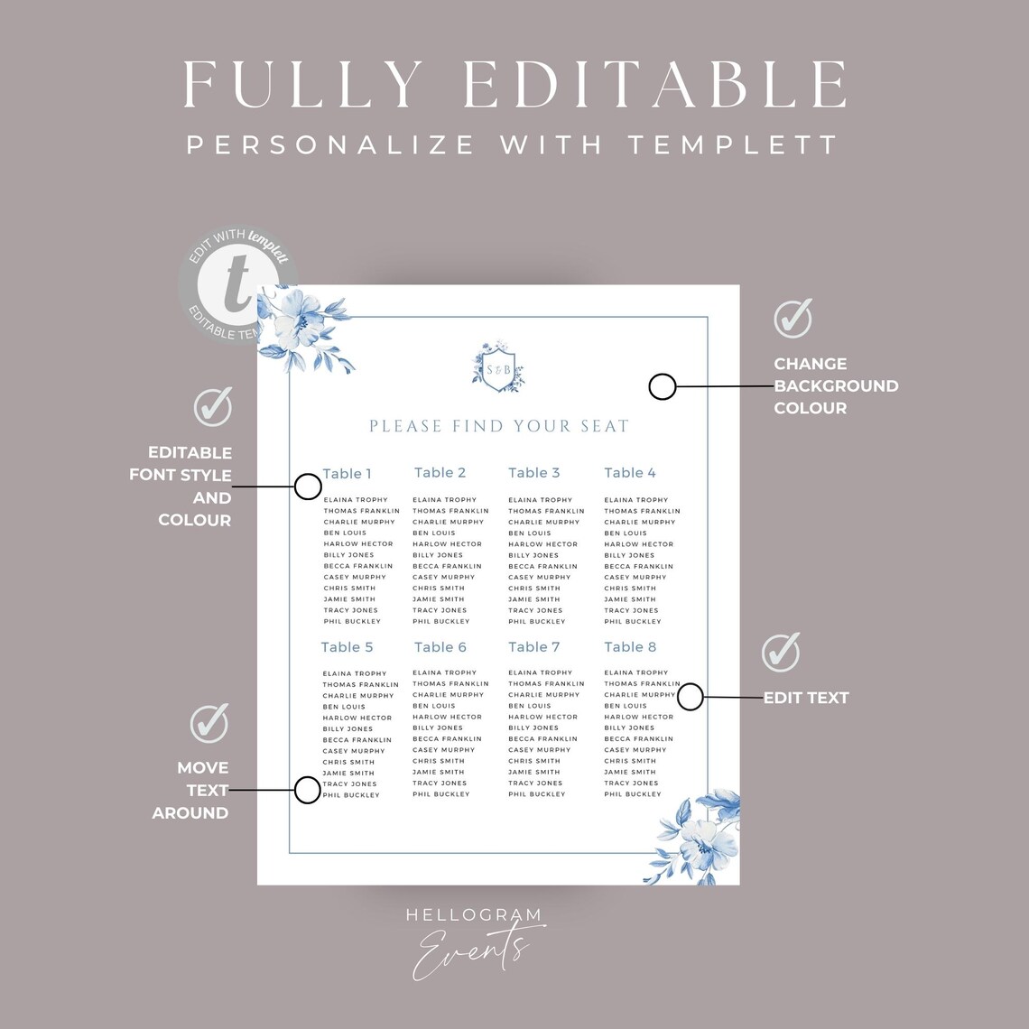 Dusty Blue Toile Seating Chart, Intimate Wedding Seat Plan Chinoiserie ...