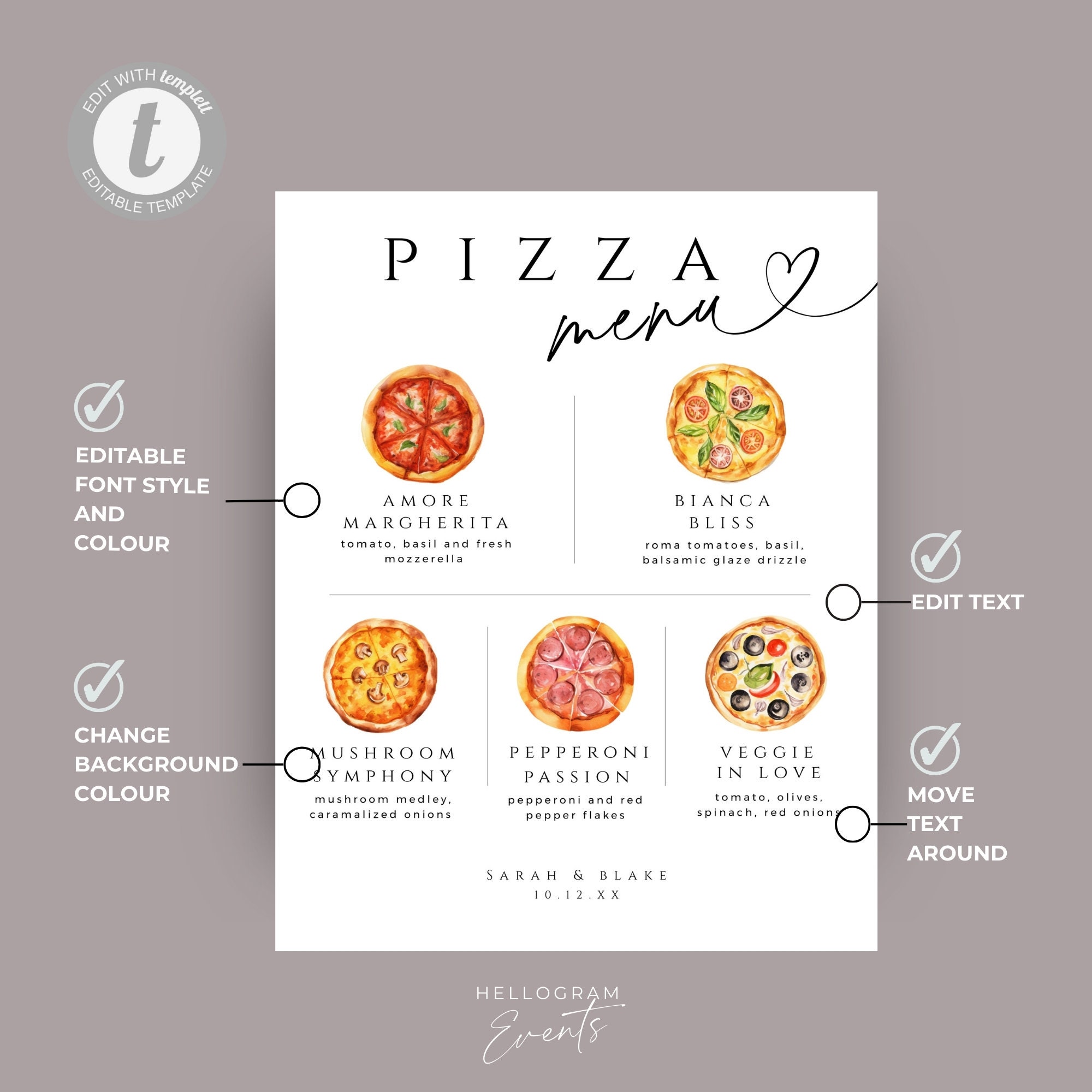 Pizza Bar Sign for Wedding, Minimalist Table Menu Card, Editable Modern ...