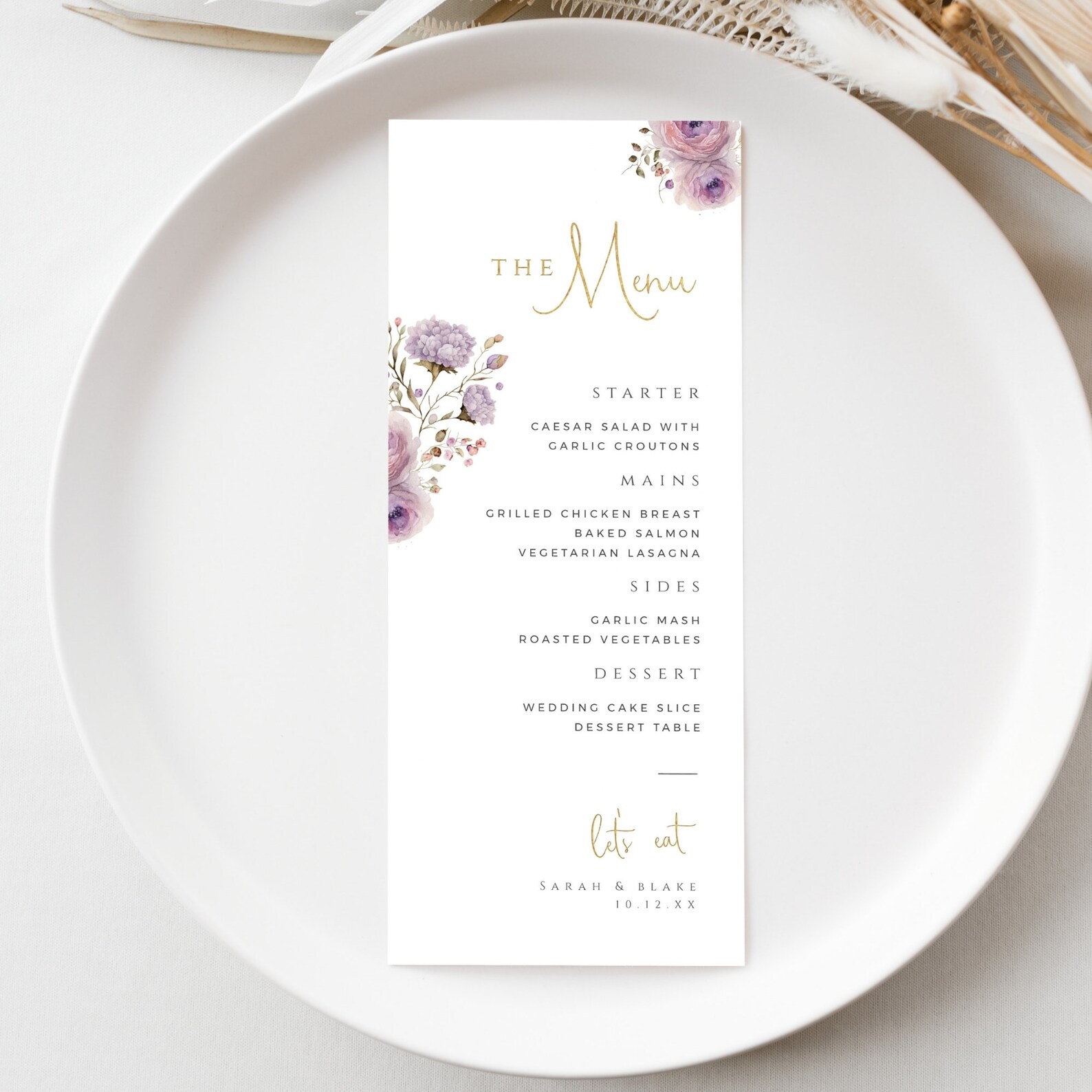 Lilac Wedding Menu, Purple and Gold Template, Printable Lavender Menu ...