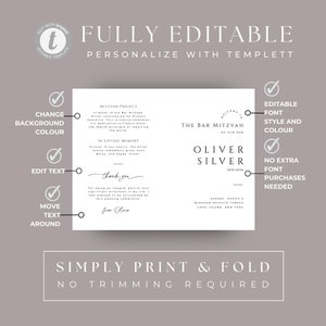 Bar Mitzvah Program Template, Editable Folded Minimal A4 Letter ...