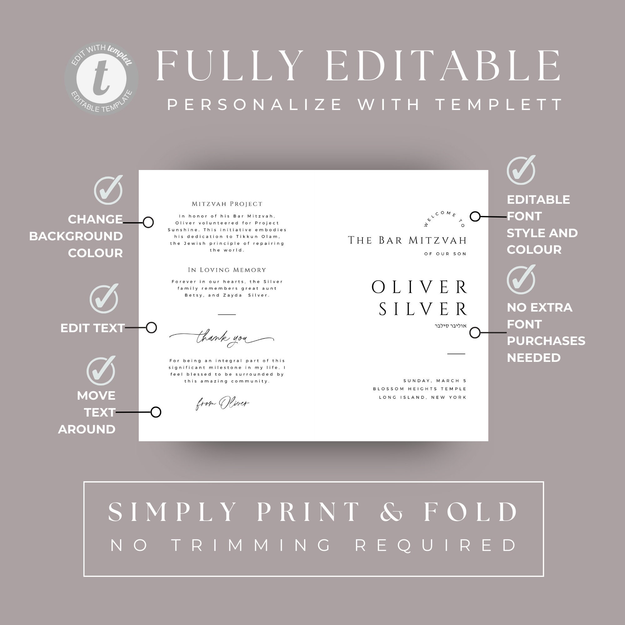 Bar Mitzvah Program Template, Editable Folded Minimal A4 Letter ...