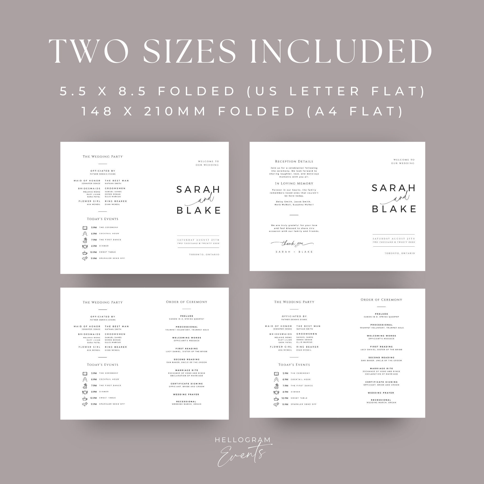 Wedding Program Template Bifold, Printable Elegant Folded Church ...