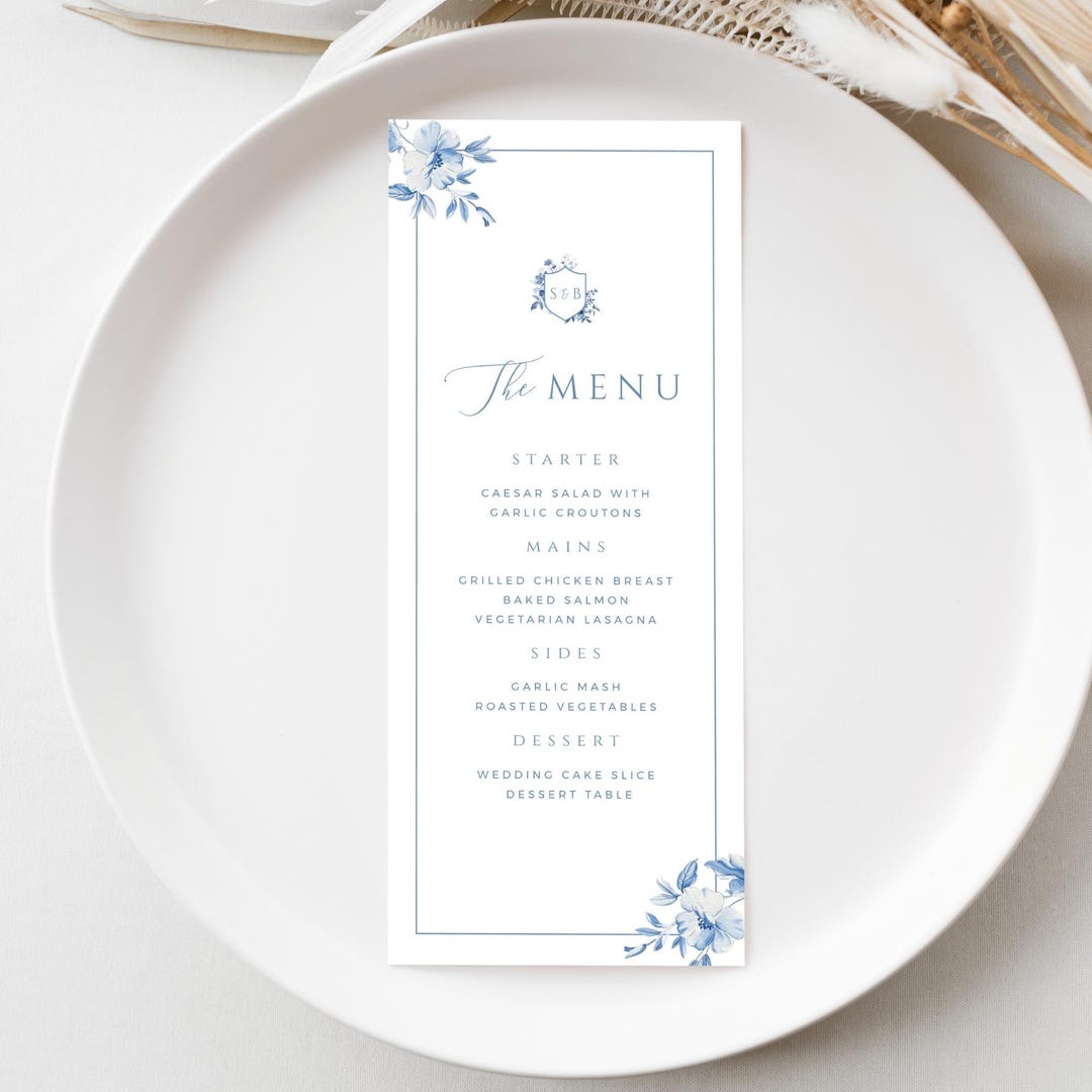Dusty Blue Toile Wedding Menu, Printable French Vintage Place Setting ...