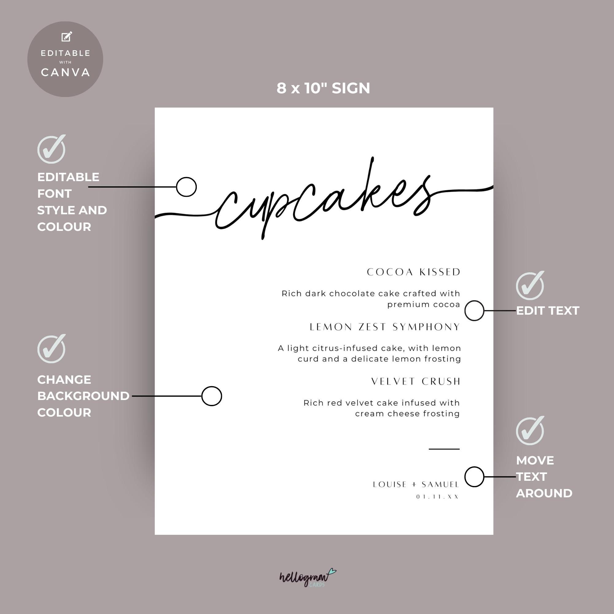 Cupcake Menu Template, Minimal Wedding Cake Sign, Modern Printable ...