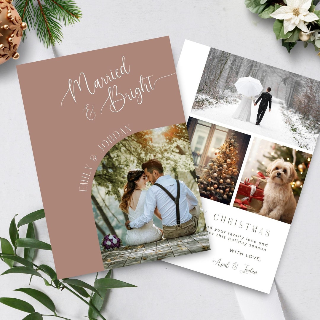 Married and Bright Christmas Card, Boho Arch Newlywed Christmas Photo ...