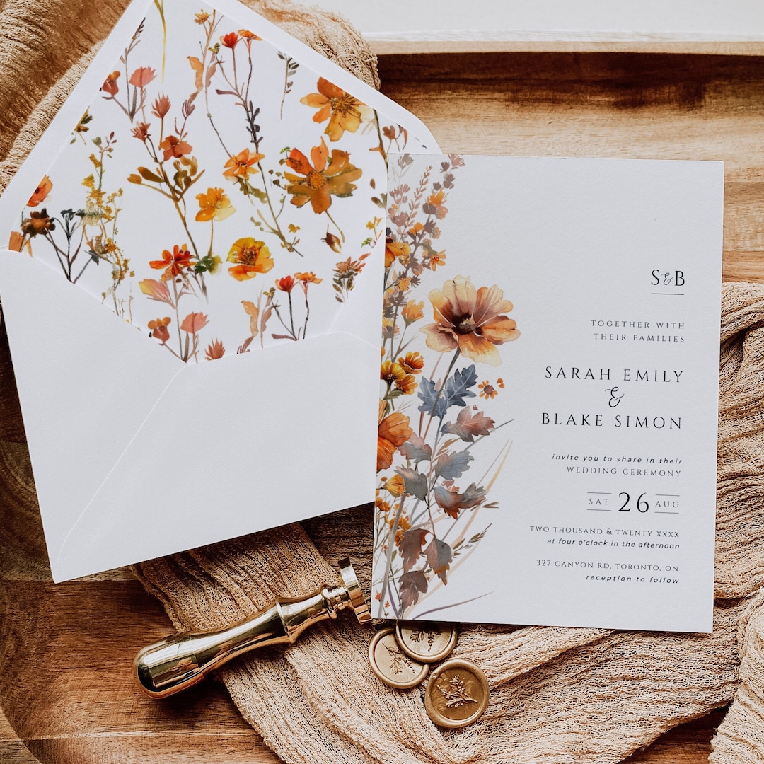 Burnt Orange Wedding Invitation and Liner, Printable Floral Pattern ...