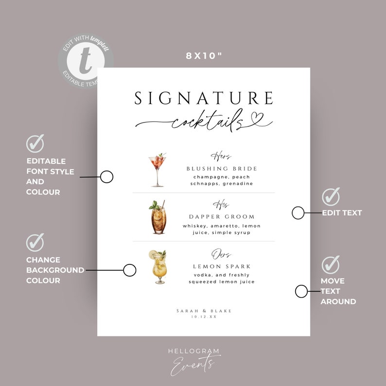 His Hers Ours Signature Drink Sign, Printable Wedding Cocktail Template ...