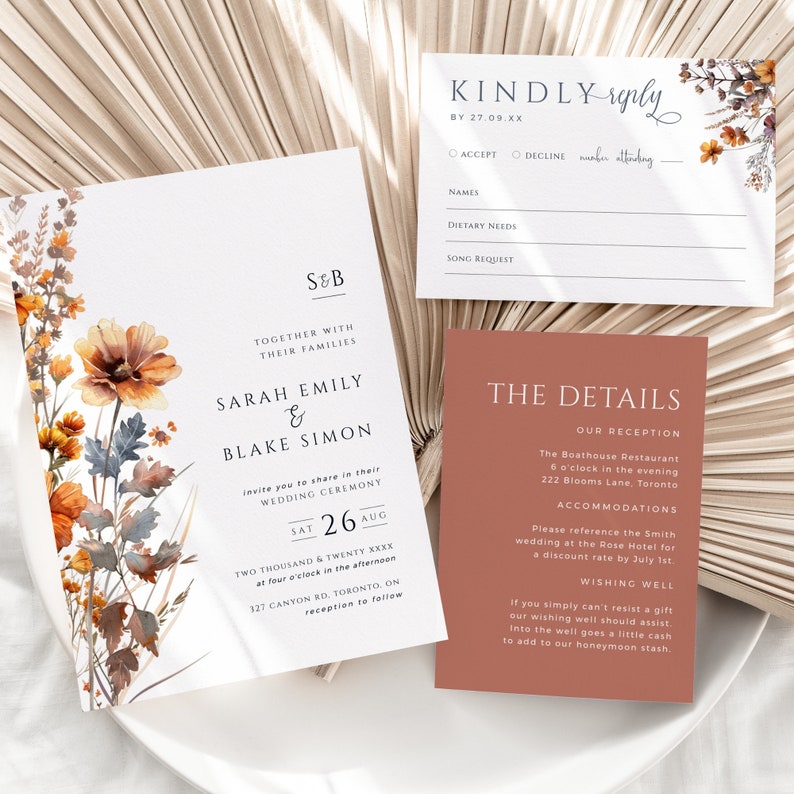 Burnt Orange Wedding Invitations Set Digital Invite, Watercolor ...