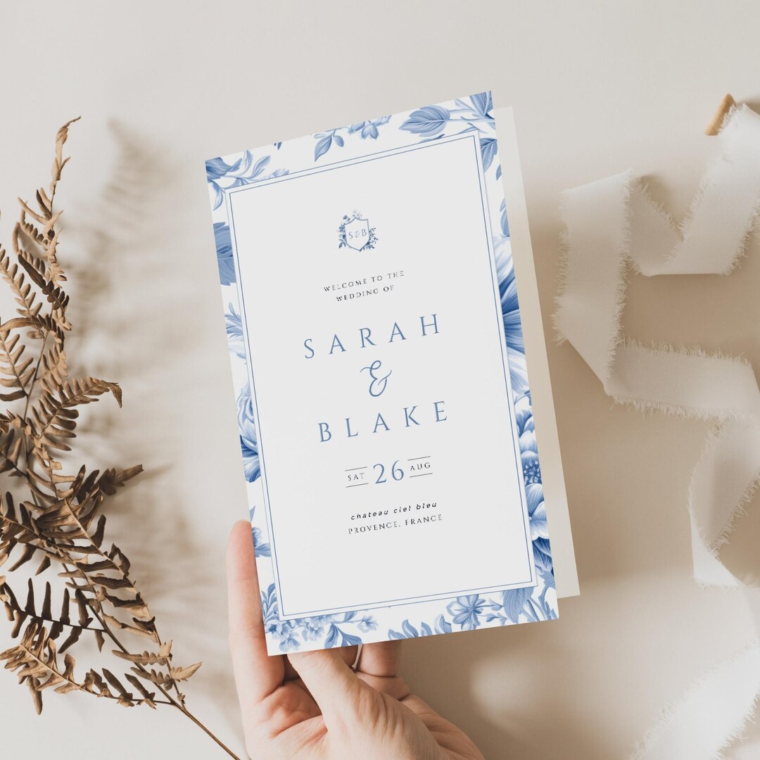 Dusty Blue Wedding Program Template, Printable Toile Folded Church ...
