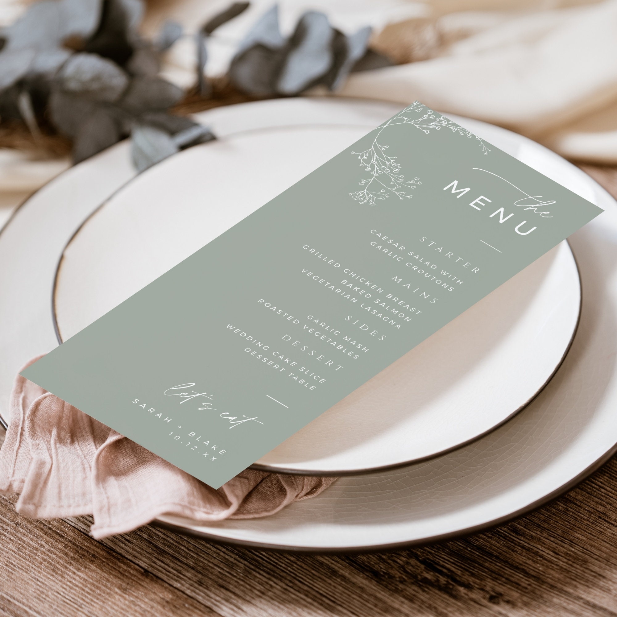 Sage Green Menu Card, Lets Eat Wedding Dinner, Minimalist Printable ...