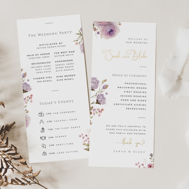 Purple Floral Wedding Program, Editable Lilac Ceremony Card With Icons ...